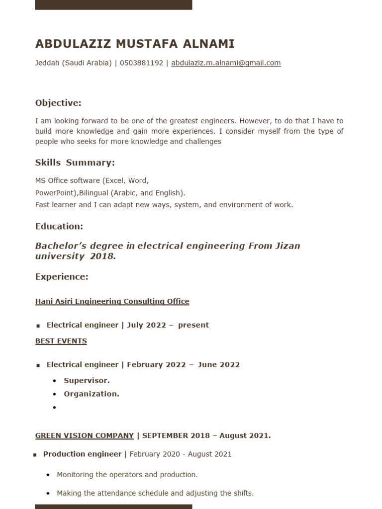Abdul Aziz Mustafa - Electrical Engineer - Saudi | PDF
