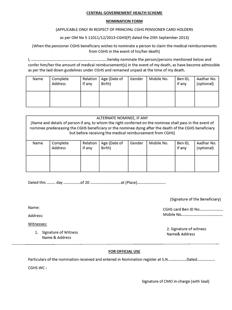 CGHS Nomination Form for Pensioners | PDF
