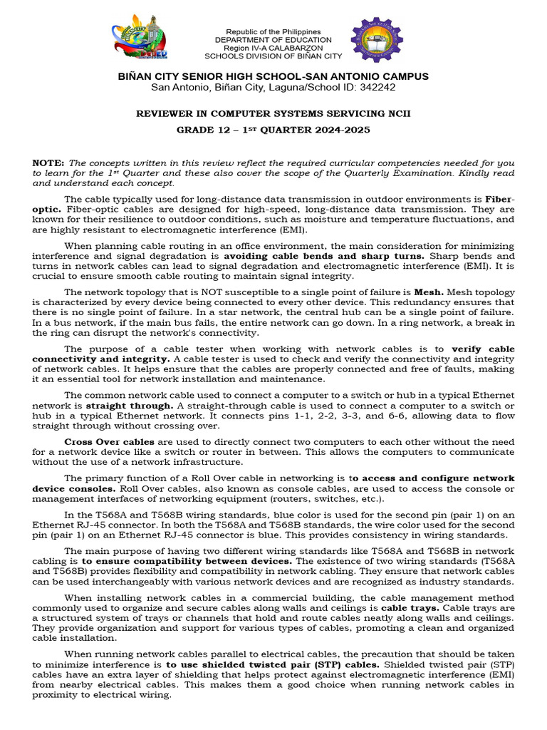 First Quarter Reviewer CSS Ncii 2024 2025 | PDF | Computer Network | Wi Fi