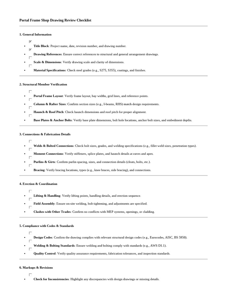 Portal Frame Shop Drawing Review Checklist | PDF
