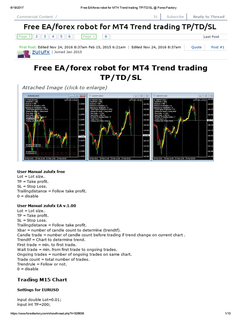 ZULU EA - Free EA - Forex Robot For MT4 Trend Trading TP - TD - SL at Forex Factory | PDF ...