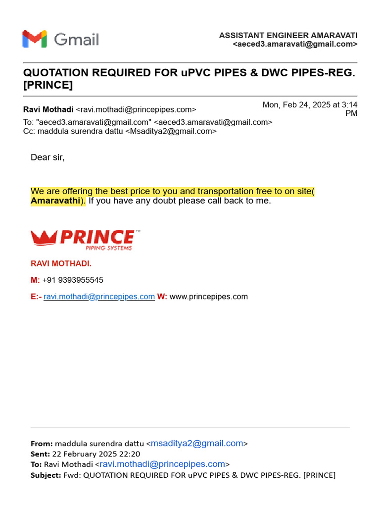 DWC, uPVC PIPES - PRINCE QUOTATION | PDF