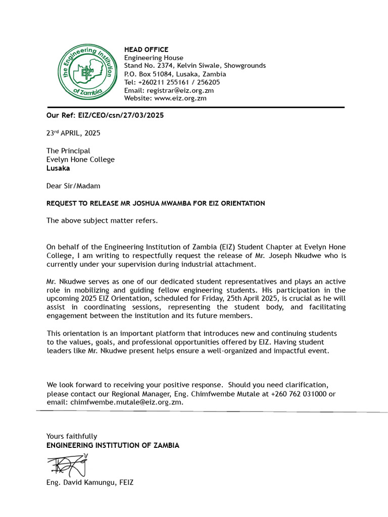 Request for Student Release for EIZ Orientation | PDF