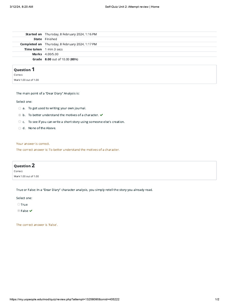 Self-Quiz Unit 2 - Attempt Review - Home | PDF