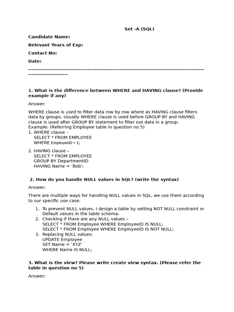 Questionaire Set 1 - SQL 1 | PDF | Table (Database) | Sql