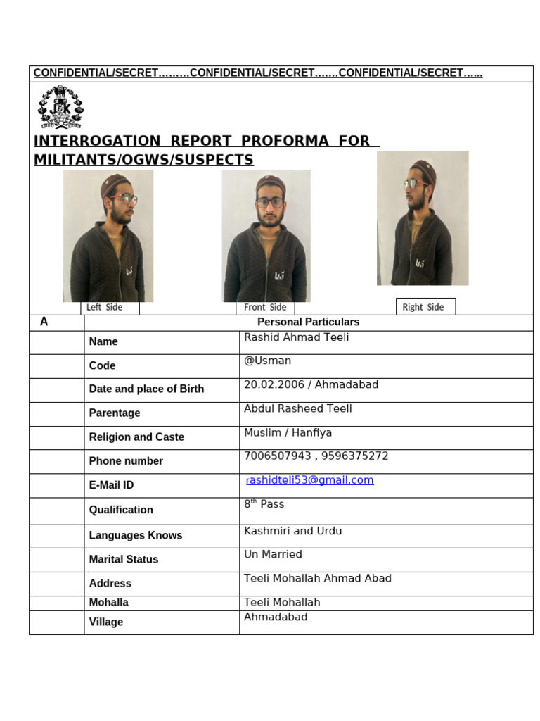 Interrogation Report: Rashid Ahmad Teeli | PDF | Identity Document