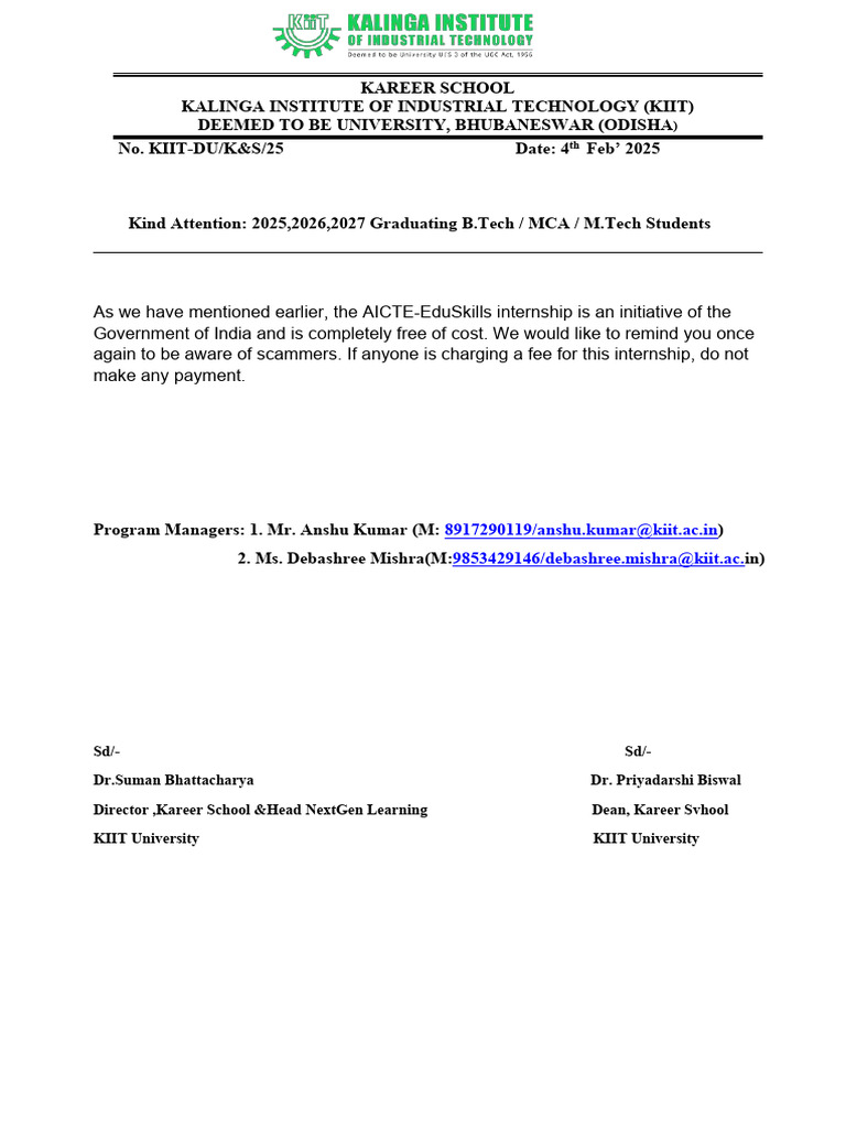 AICTE Internship Important Notice 2025 | PDF