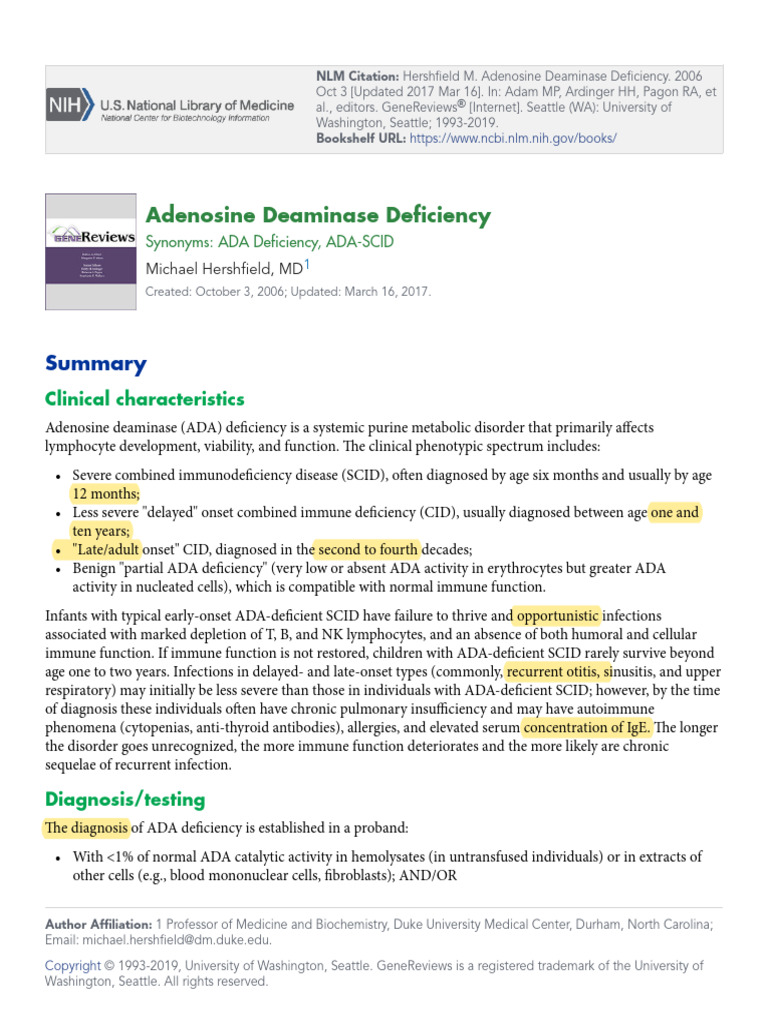 Adenosine Deaminase Deficiency - 2017 - Hershfield | PDF | Immunodeficiency | Lymphocyte