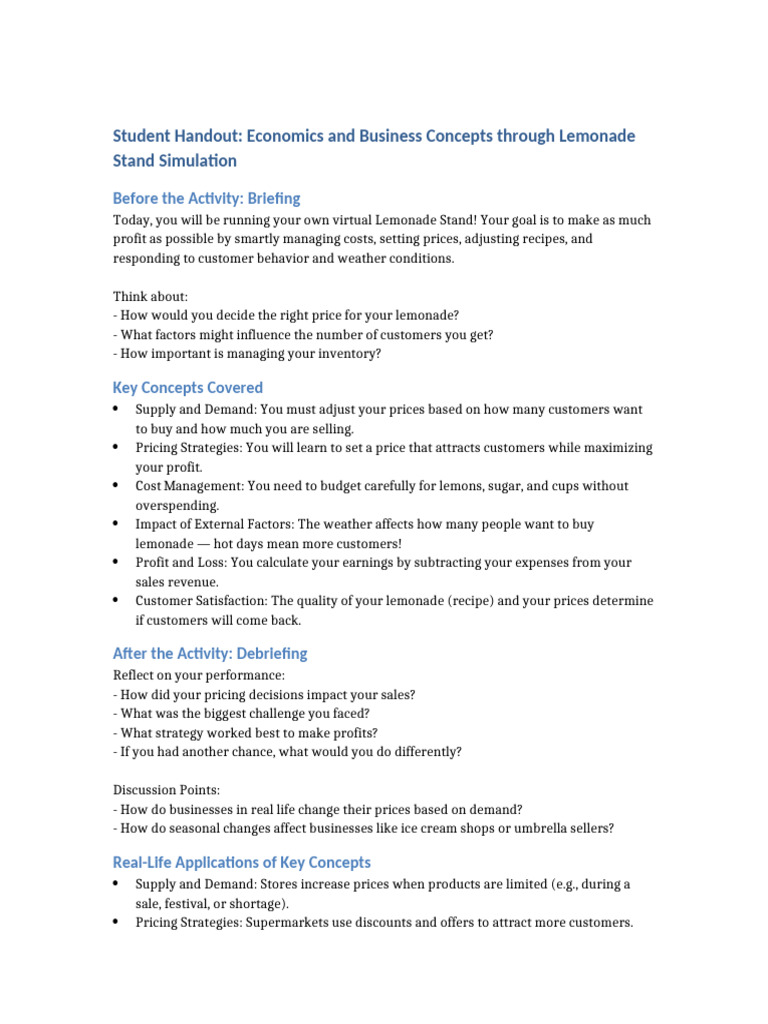 Lemonade Stand Economics Handout | PDF