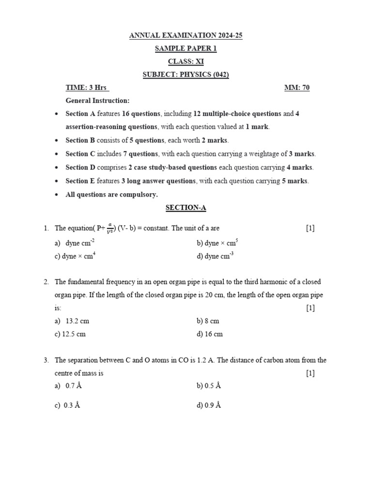 QP Physics-Class XI-Sample Paper-AE 2024-25 | PDF | Gases | Velocity
