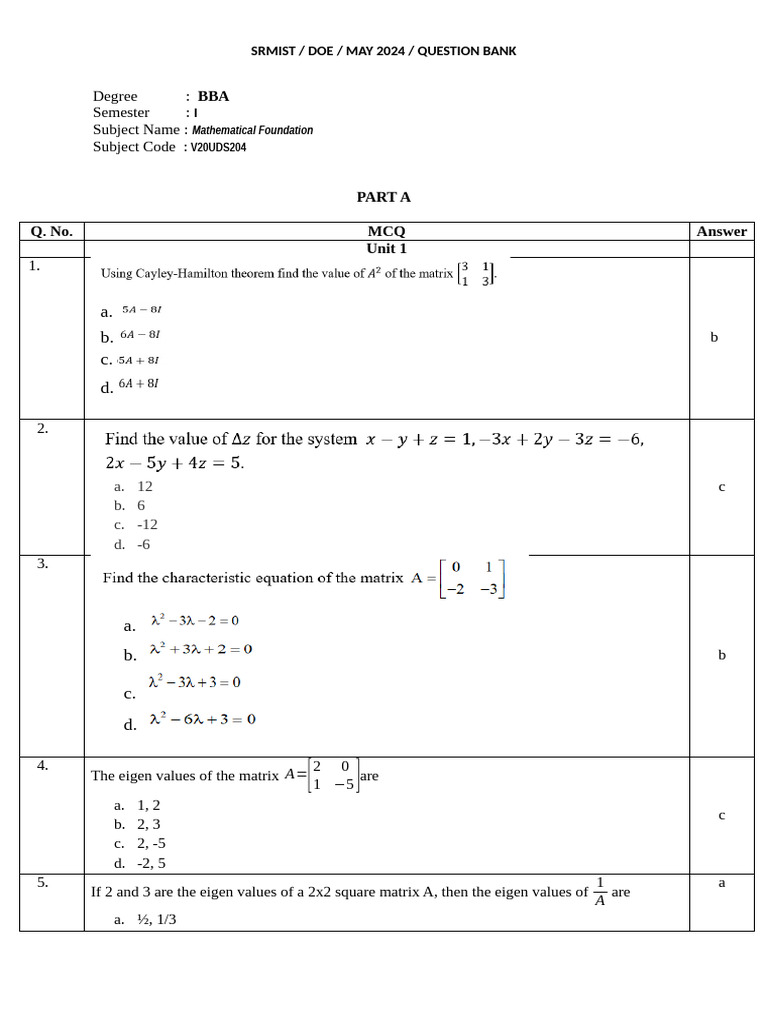 V20UDS204 - Mathematical Foundation | PDF | Eigenvalues And Eigenvectors | Matrix (Mathematics)