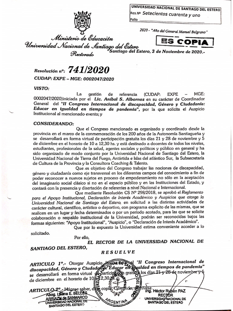 UNSE Resol. 741 - 2020 Discapacidad y Genero | PDF