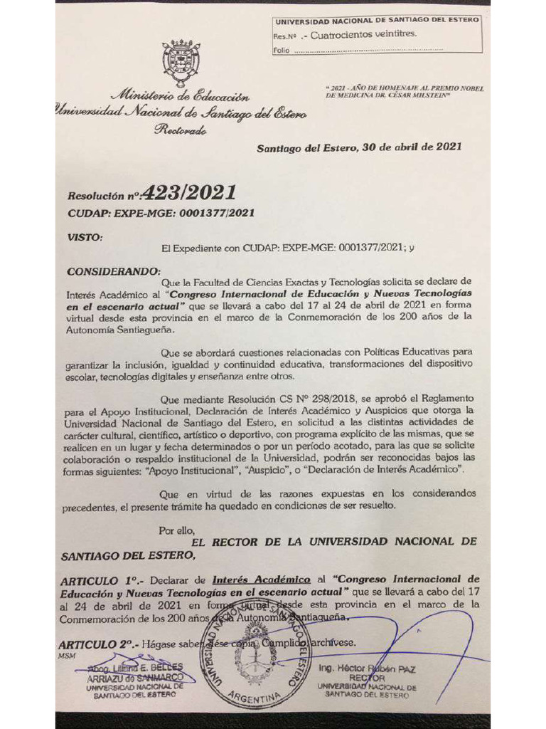 UNSE Resol. 423_2021 Nuevas Tec | PDF