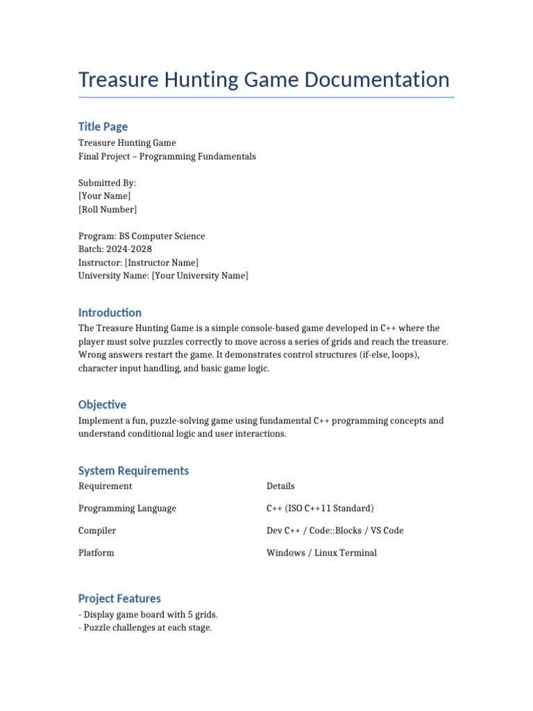 Treasure Hunting Game Documentation | PDF | C++ | Control Flow