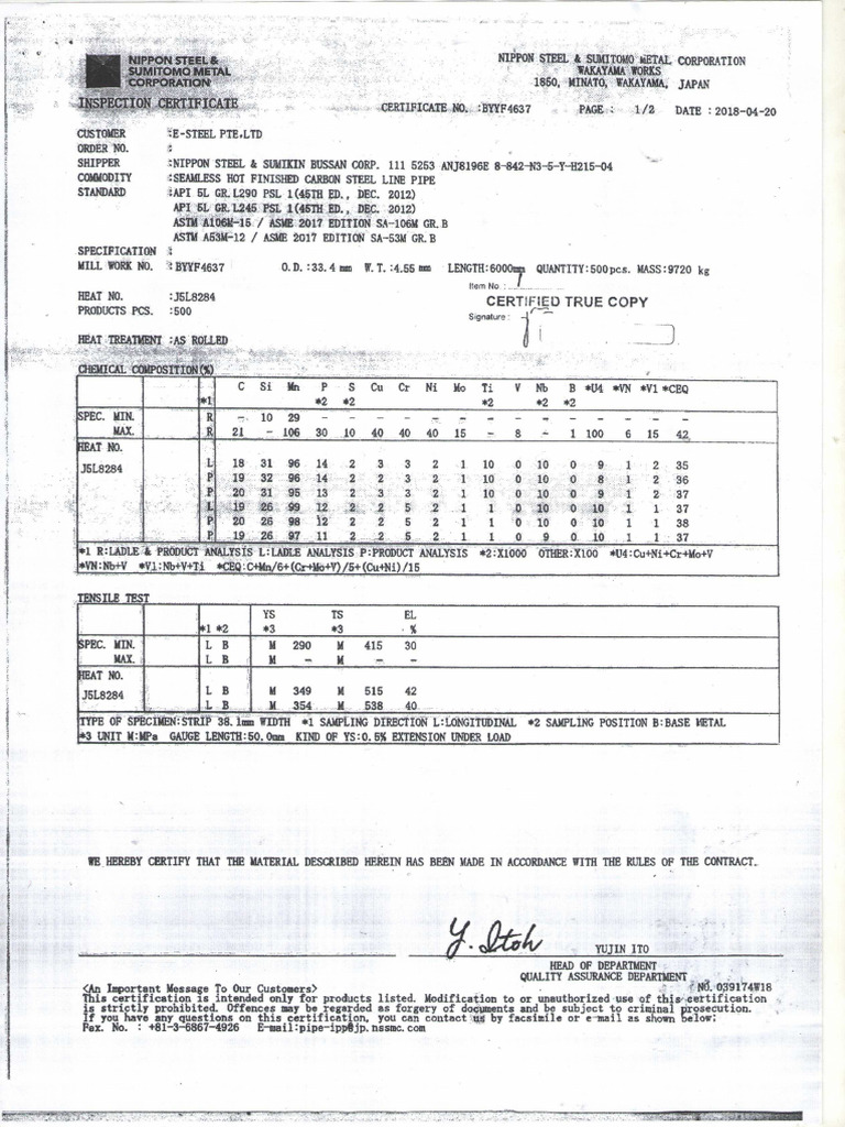 Certificate True Copy Sumitomo 01 | PDF