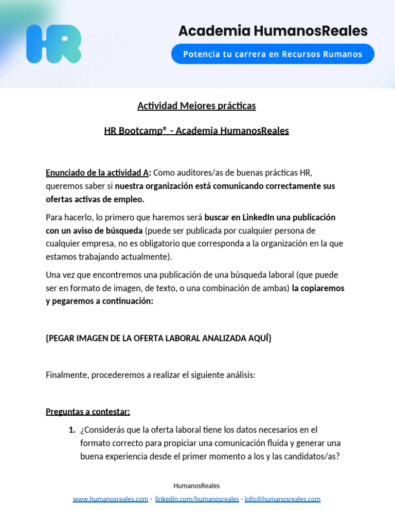 Actividad - Mejores PR Cticas en RRHH - HR Bootcamp - Academia HumanosReales | PDF