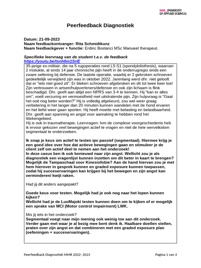 Feedbackformulier Diagnostiek lwk1 MMR 2022-2023 | PDF