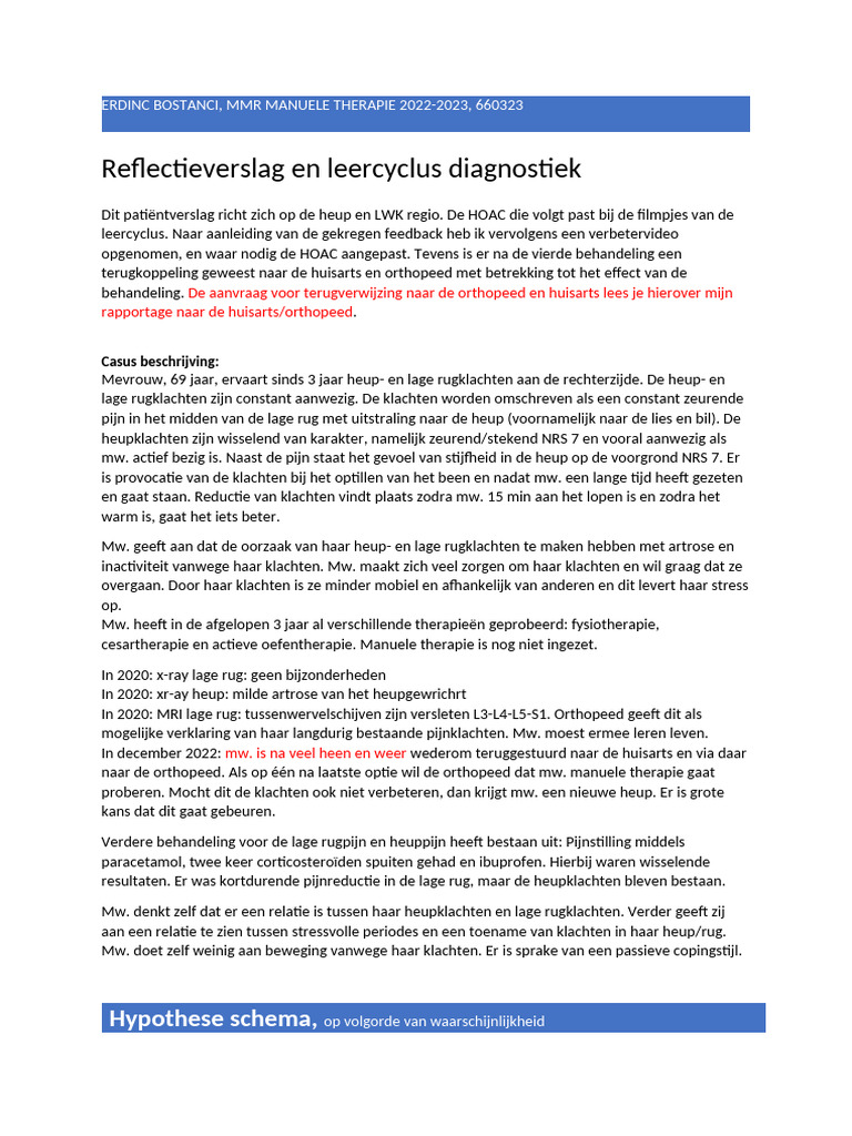 Patiëntverslag en reflectieverslag Heup LWK SI klacht met terugverwijzing orthopeed en huisarts ...