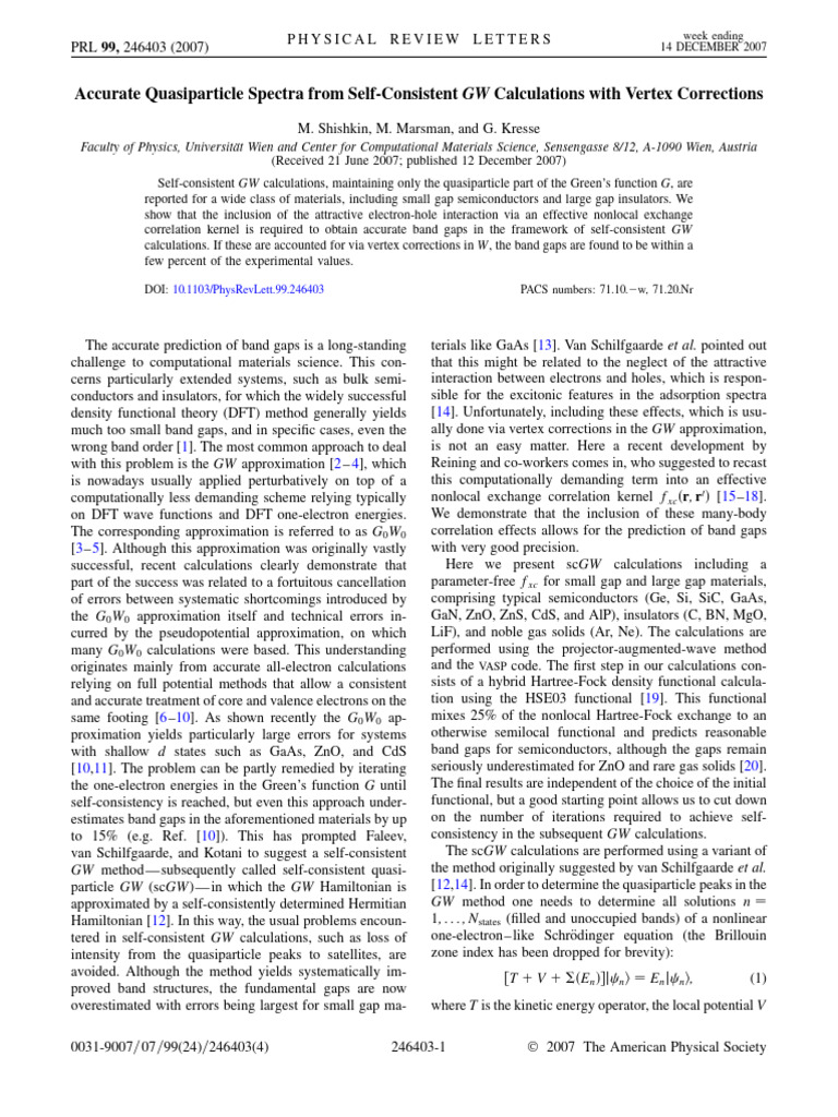 Accurate Quasiparticle Spectra From SelfConsistent GW Calculations With Vertex Corrections | PDF ...
