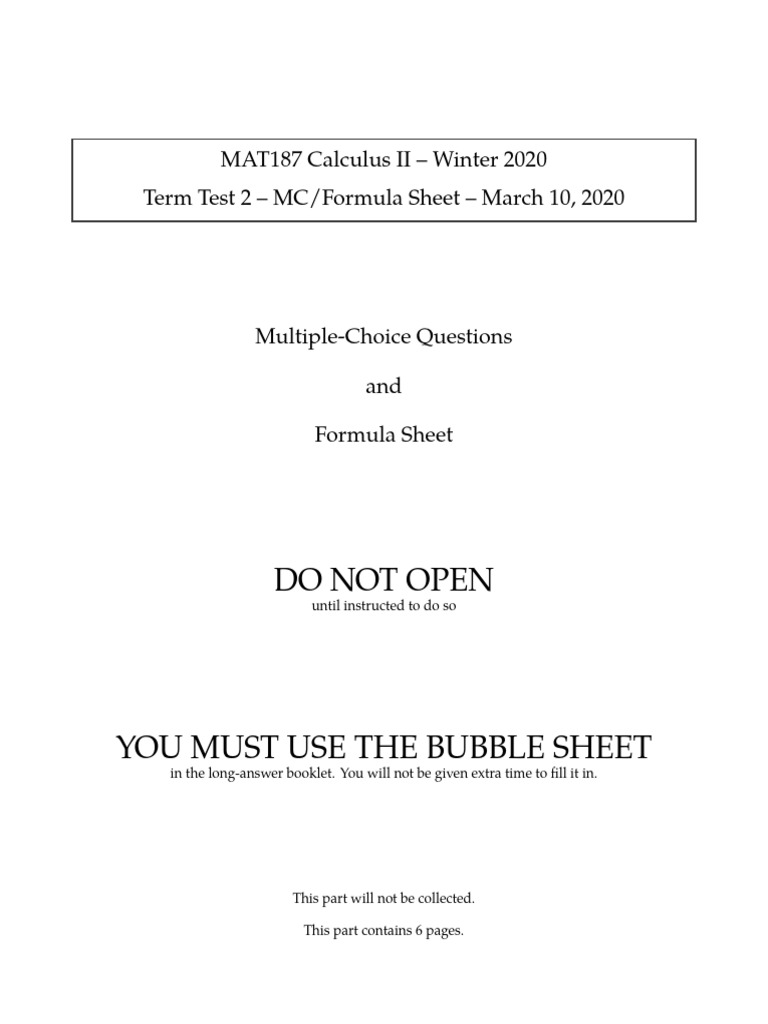 MAT187 Calculus II Test 2 MC Questions | PDF | Force | Trigonometric ...