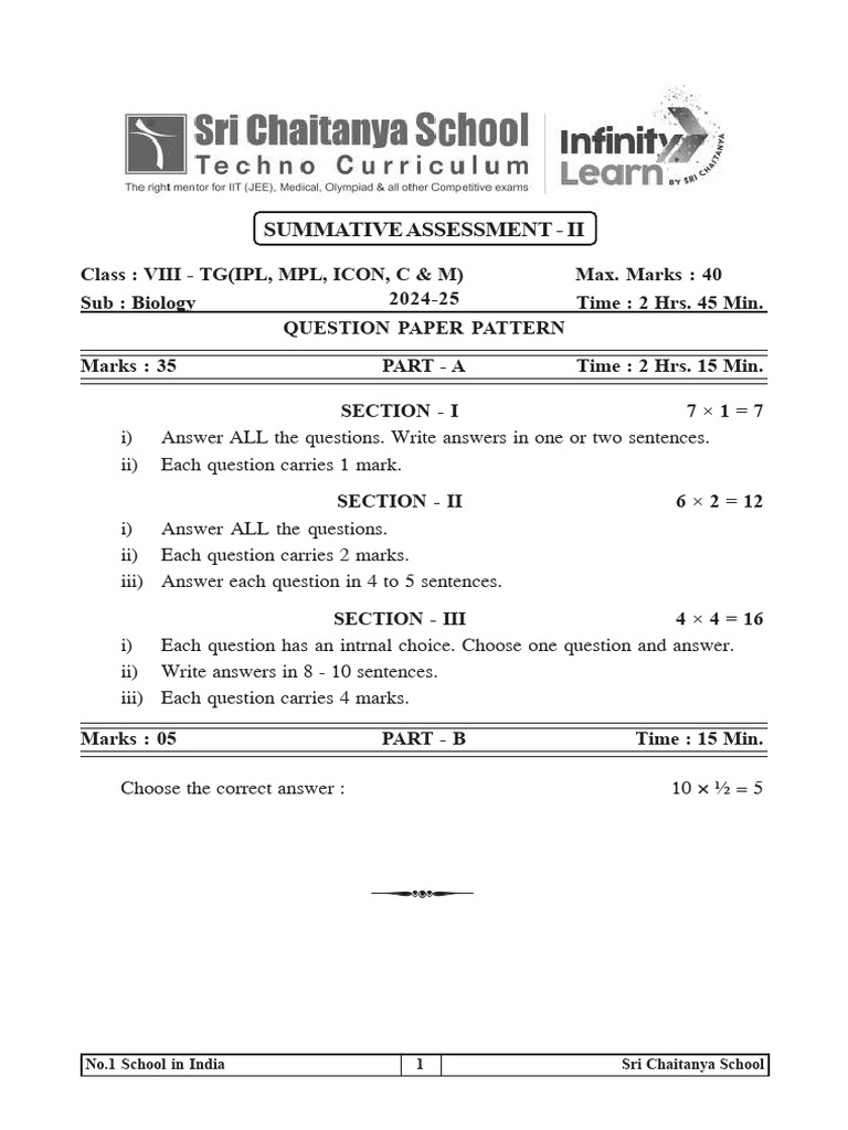 TS - VIII Class Biology SA - II QP Pattern | PDF