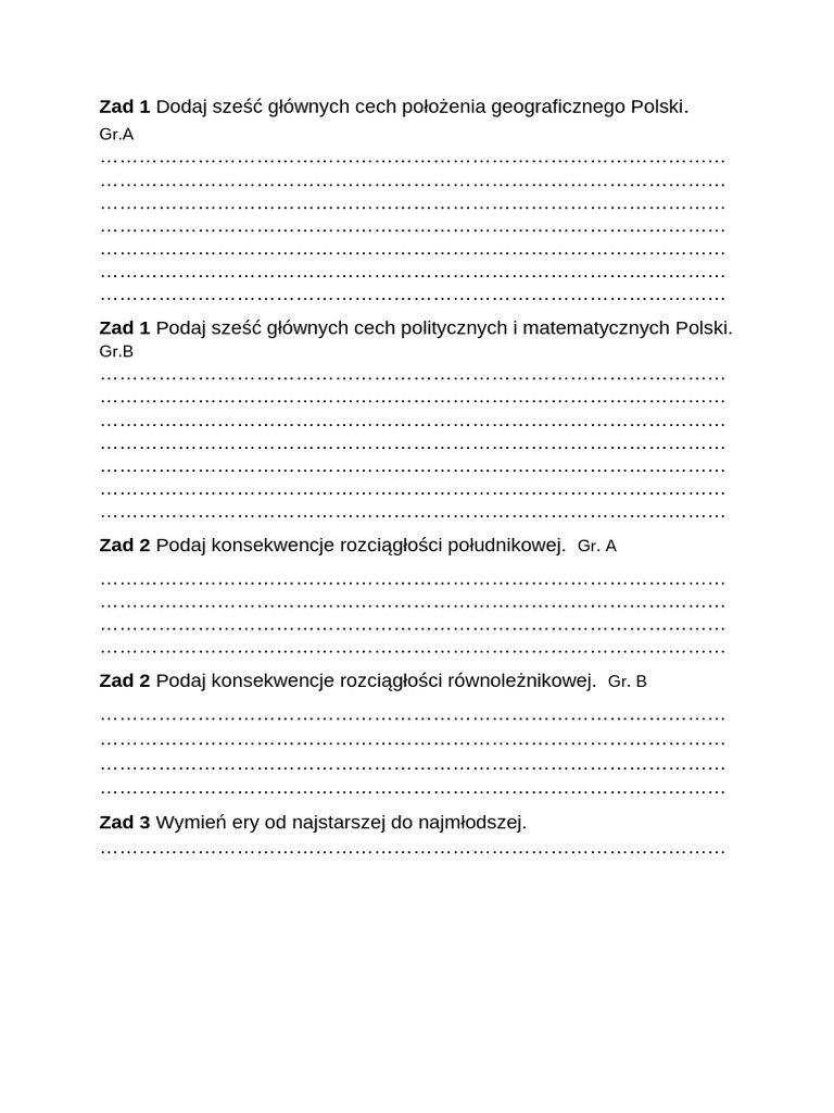 Kartkówka Geografia KL 7 Dział 1 | PDF