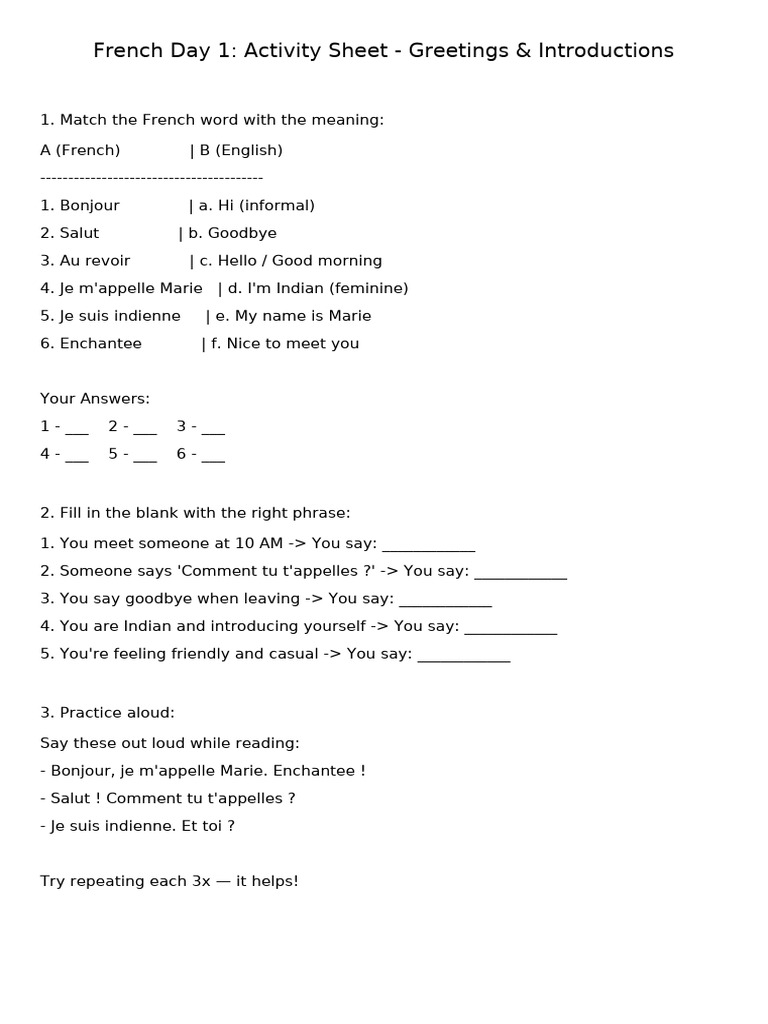 French Day1 Activity Sheet | PDF