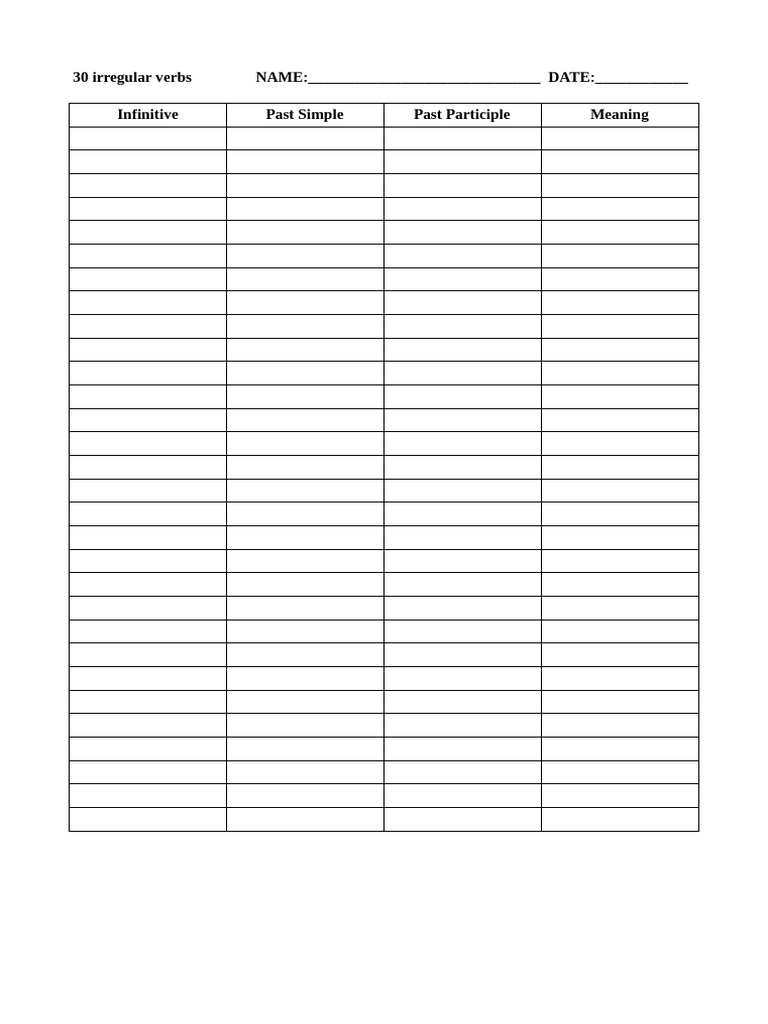 50 Irregular Verbs Test Pdf