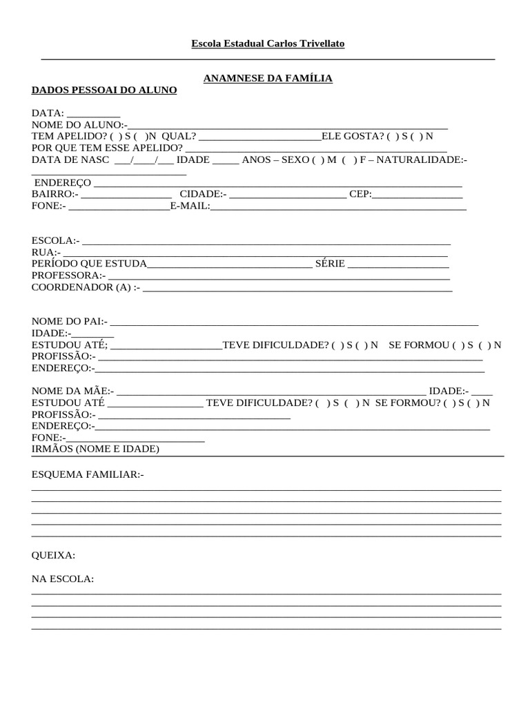 AEE - Ficha-De-Anamnese-Escolar | PDF | Medicina Clínica | Especialidades médicas