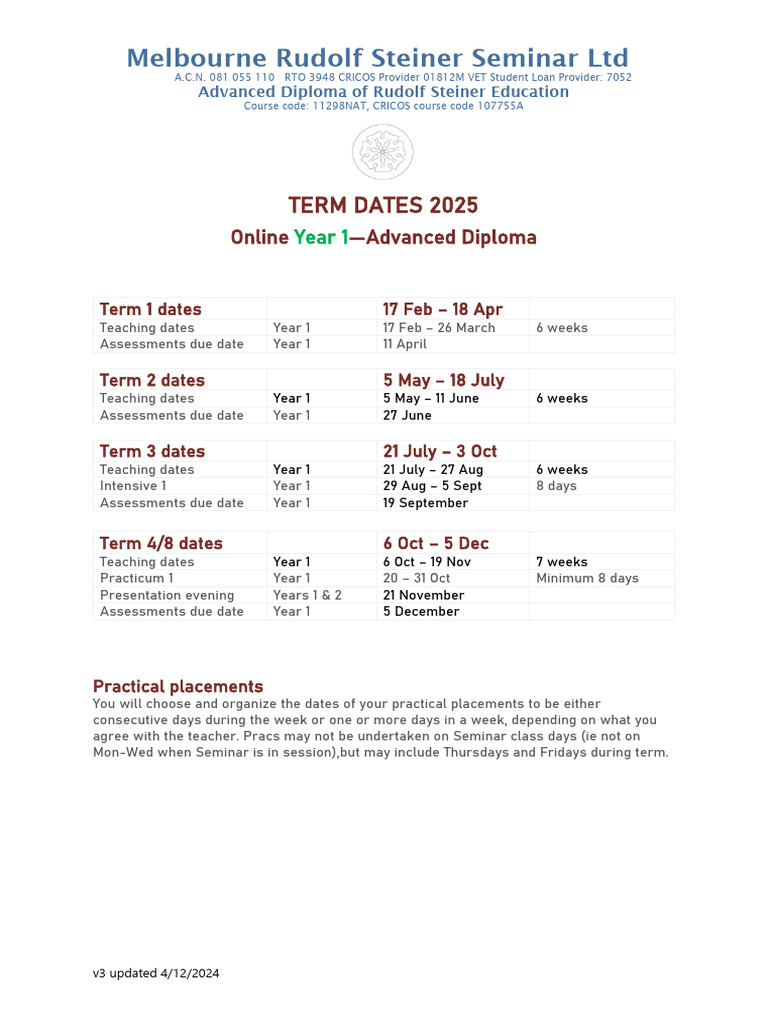 2025 Ad Dip Year 1 Online Course Term Dates v3 | PDF