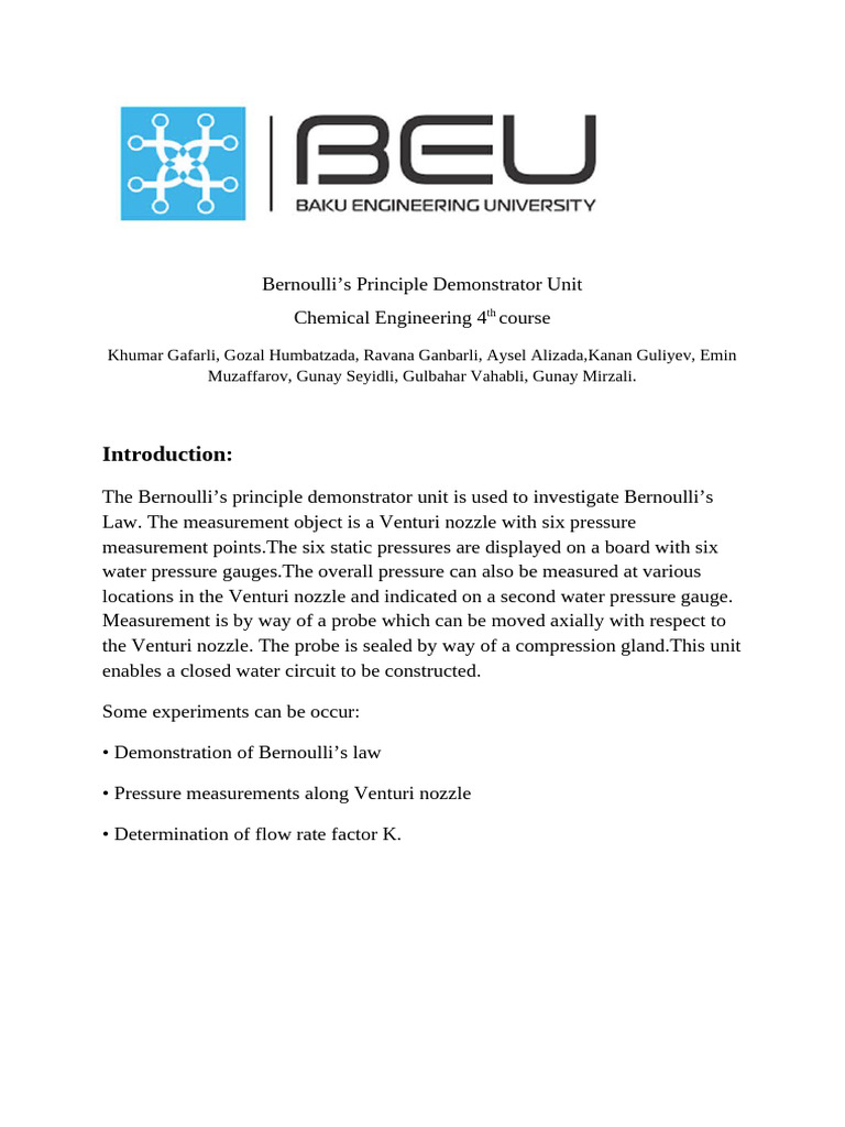 Bernoulli's Principle Demonstrator Unit | PDF