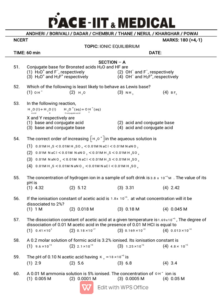 (2021-23) TWT - Ionic Equilibrium - Prof - SMCH FINAL | PDF | Acid | Ph
