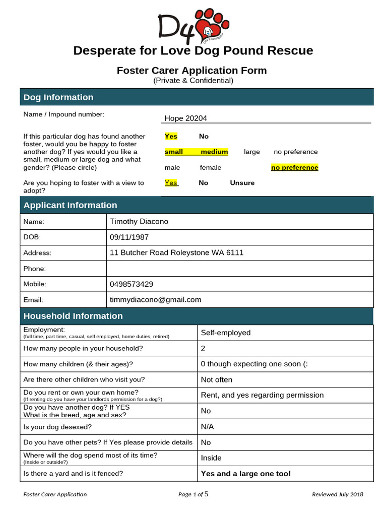 D4L Foster Application Form V5 2019 | PDF | Dogs | Animals And Humans