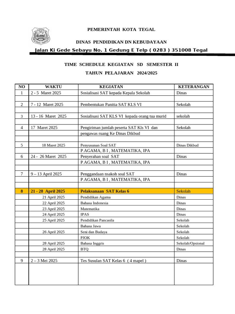 Jadwal SAT SD Semester II 2025 | PDF