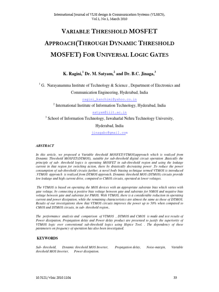 Variable Threshold MOSFET Approach (Through Dynamic Threshold MOSFET ...