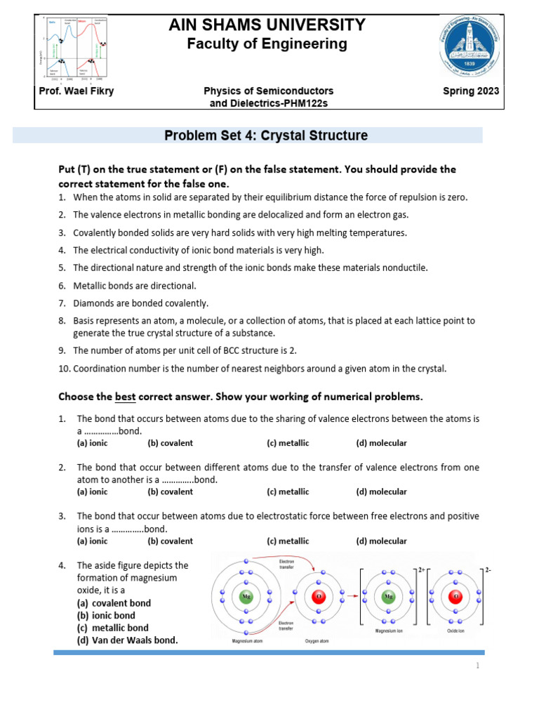 Problem Set - Crystal Structure - 2023 | PDF | Chemical Bond | Crystal Structure