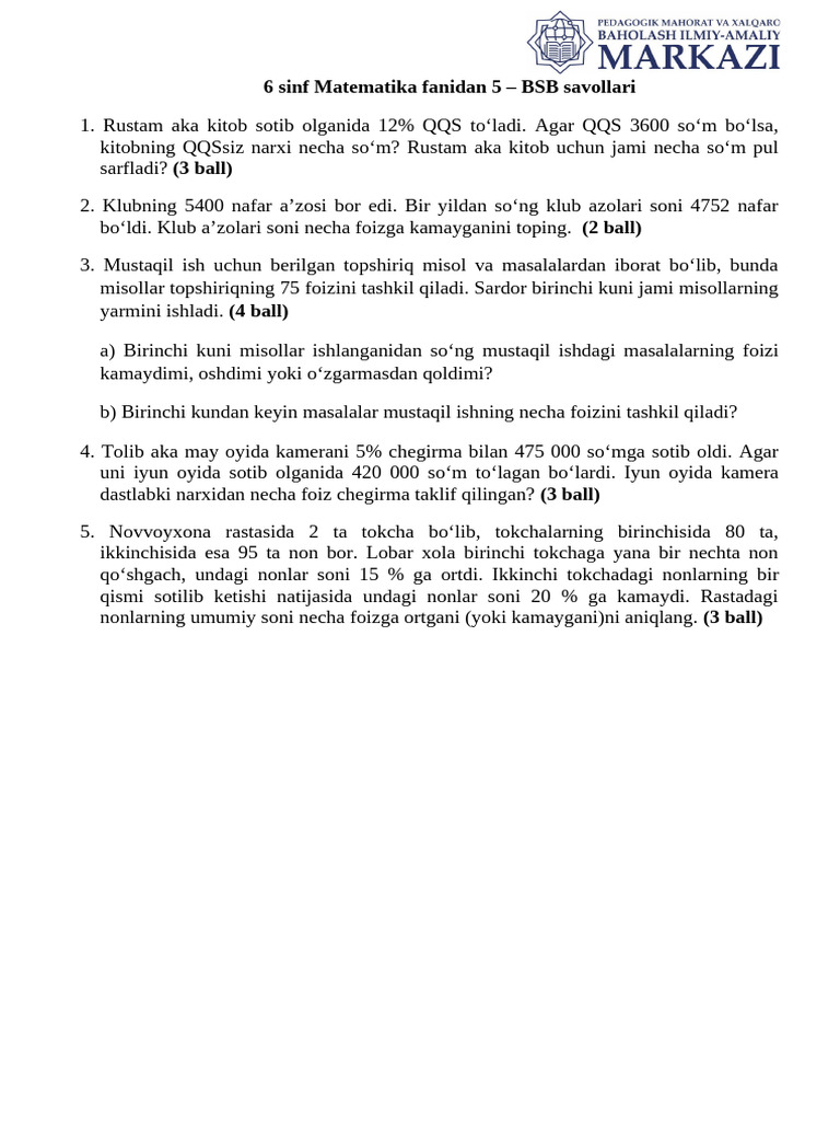 6 Sinf Matematika Fanidan 5 - BSB Savollari | PDF