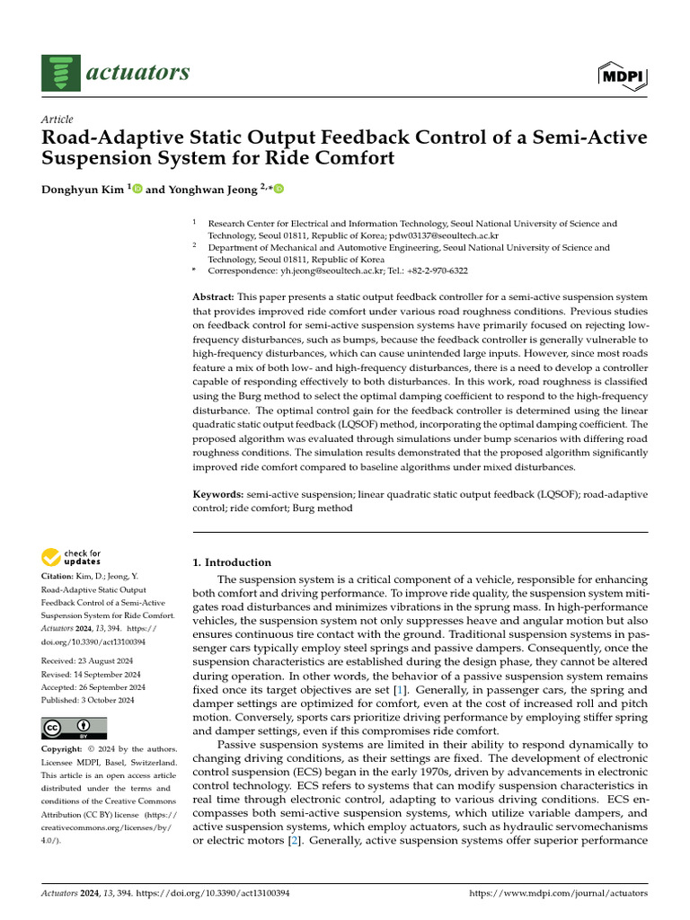 Road-Adaptive Static Output Feedback Control of a Semi-Active Suspension System for Ride Comfort ...