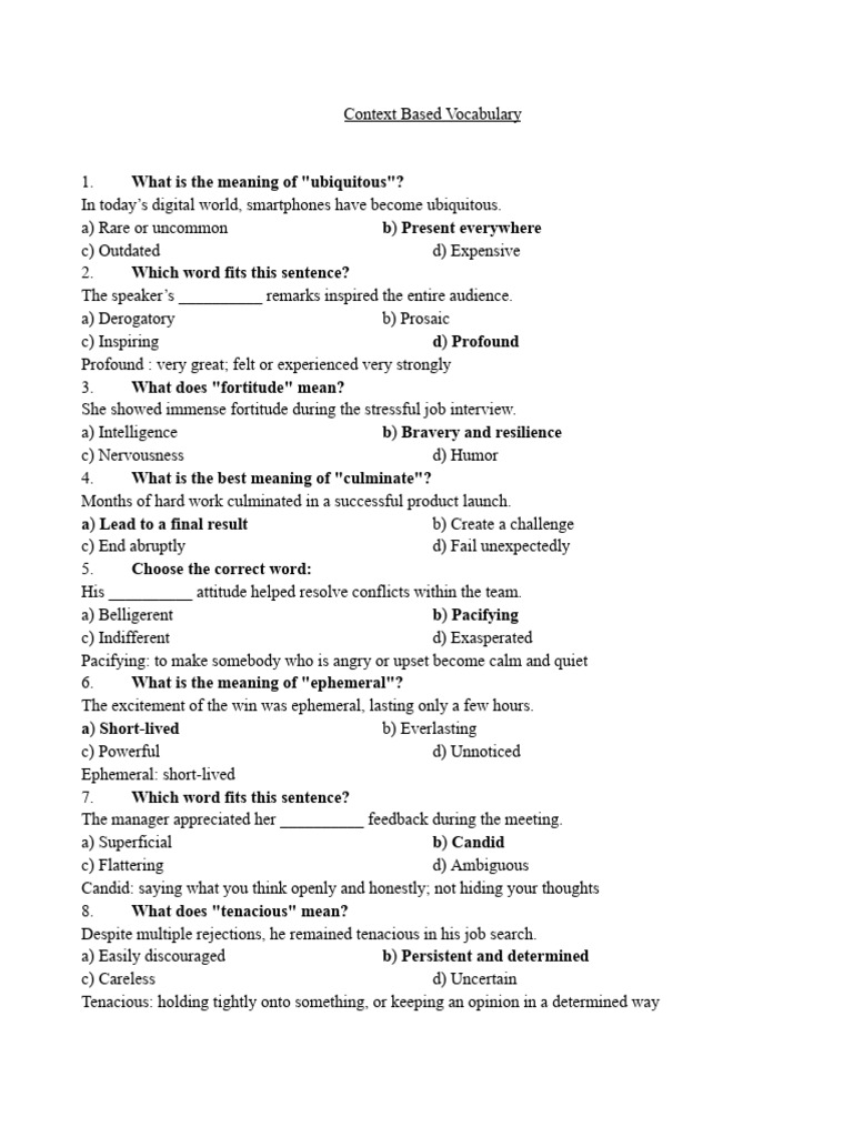 Contextual Vocabulary Quiz and Definitions | PDF