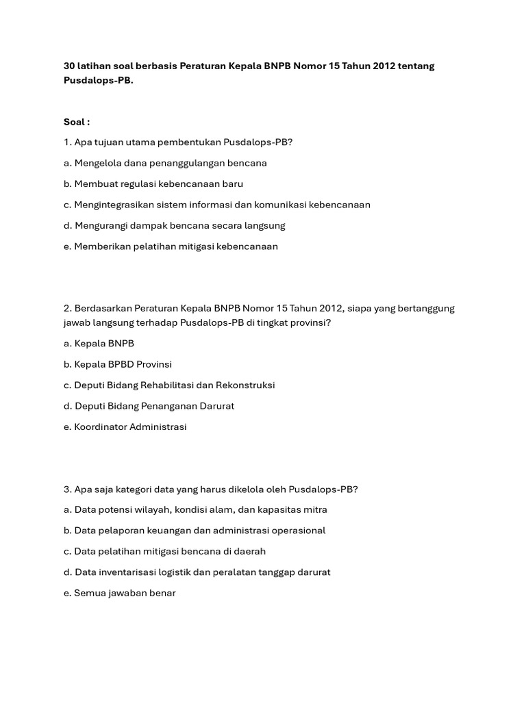 Latihan Soal Pusdalops-PB BNPB 2012 | PDF