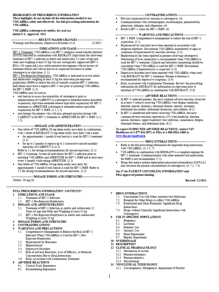 Cabotegravir (Vocabria) PI - December 2023 | PDF | Breastfeeding ...