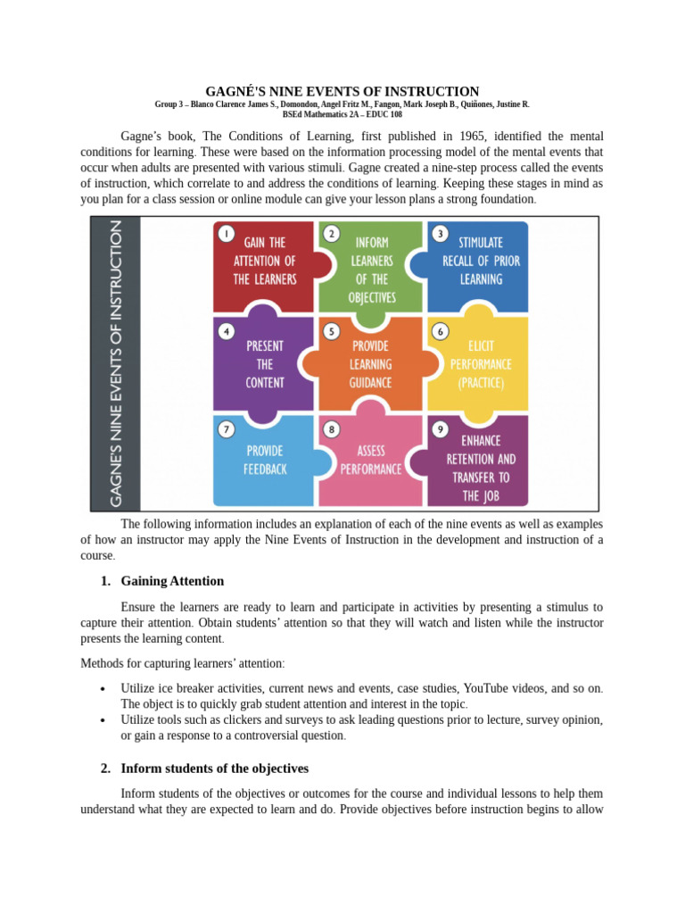 Gagné 9 Events of Instruction - Blanco, Domondon, Fangon, Quiñones | PDF | Learning ...