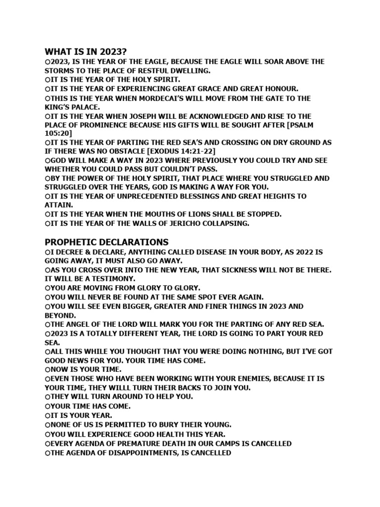 2023 Prophetic Declarations | PDF | Theology | Religious Belief And Doctrine