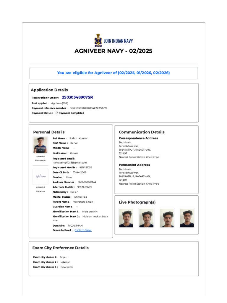Agniveer Navy Application - Rahul Kumar | PDF
