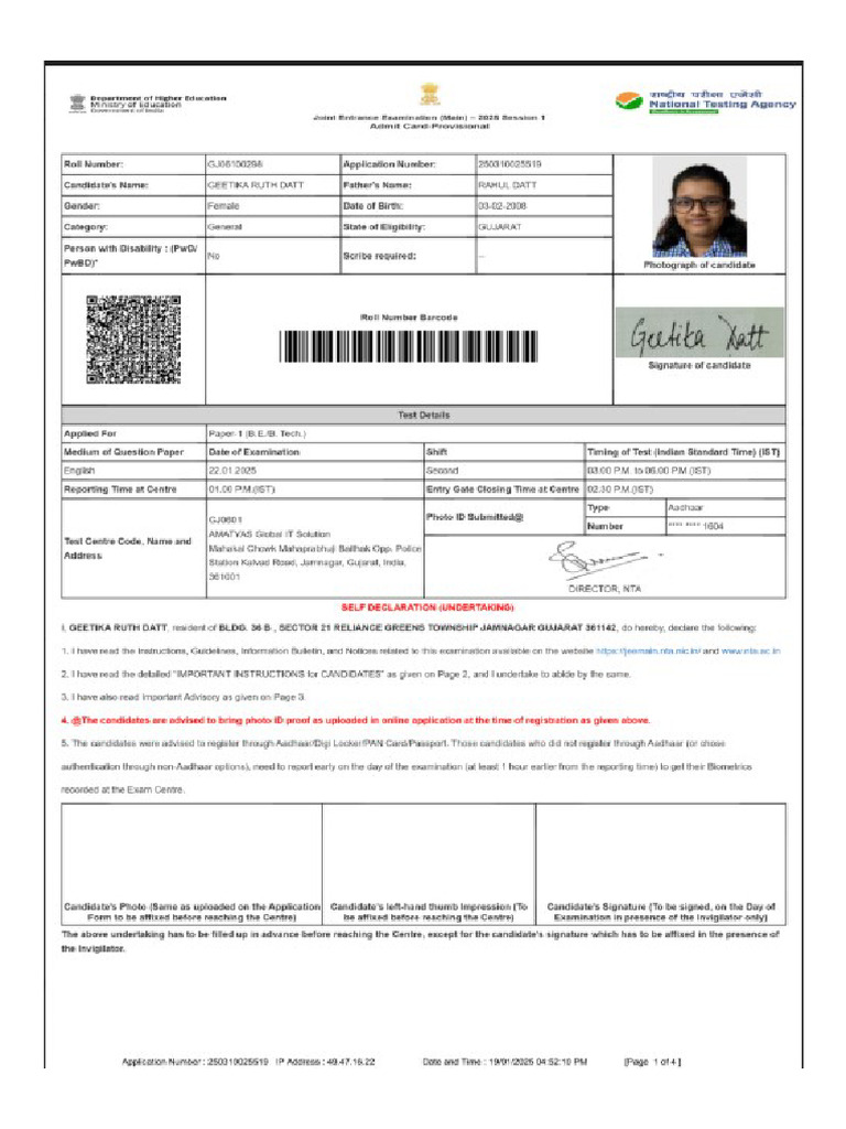 Geetika Jee Admit Card | PDF