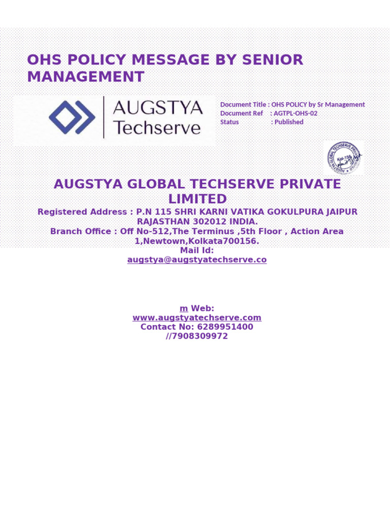 OHS Policy Overview by Senior Management | PDF | Occupational Safety ...
