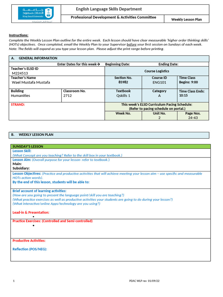 Week 9 - Lesson - Plan R&W 1 | PDF | Lesson Plan | Teachers