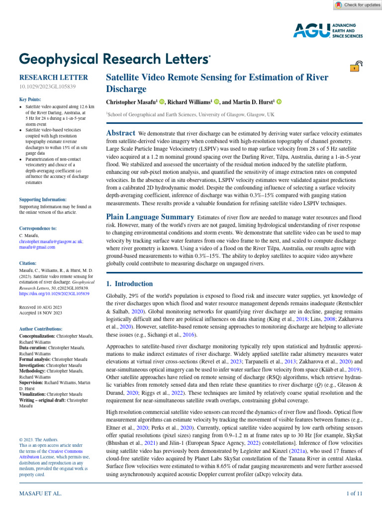 Geophysical Research Letters - 2023 - Masafu - Satellite Video Remote ...