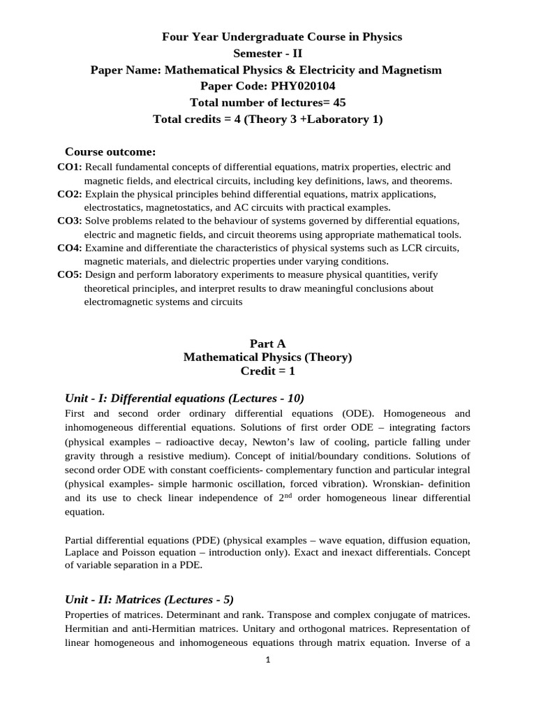 PHY020104 - Mathematical Physics and Electricity Magnetism | PDF ...
