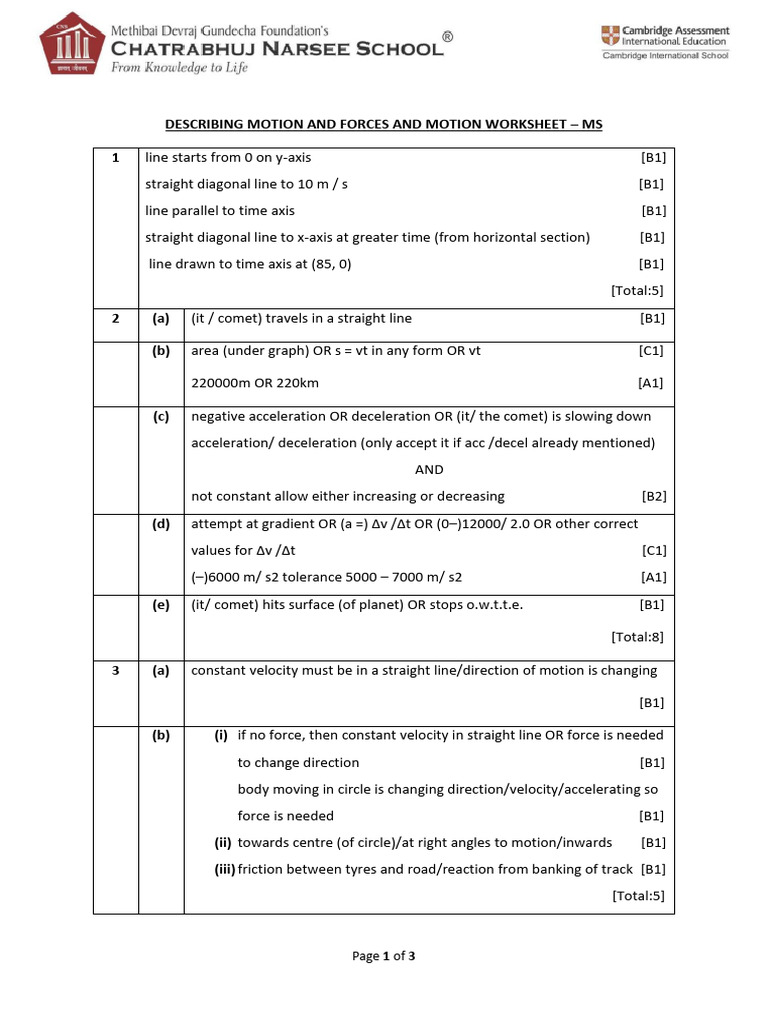 Describing Motion Forces and Motion Worksheet MS | PDF | Acceleration ...